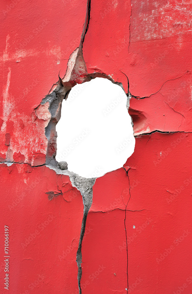 torn hole in a old cracked blood red concrete wall. Peeling old blood ...