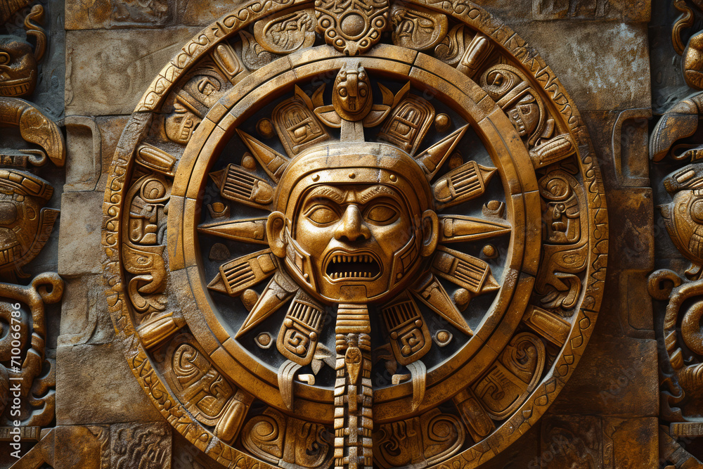 Golden sun stone like dial, Aztec inspired wall carving of ancient ...