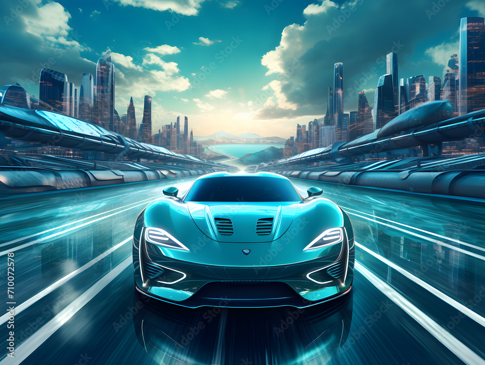 A sleek luxury sports car glides through the bustling city streets, its ...