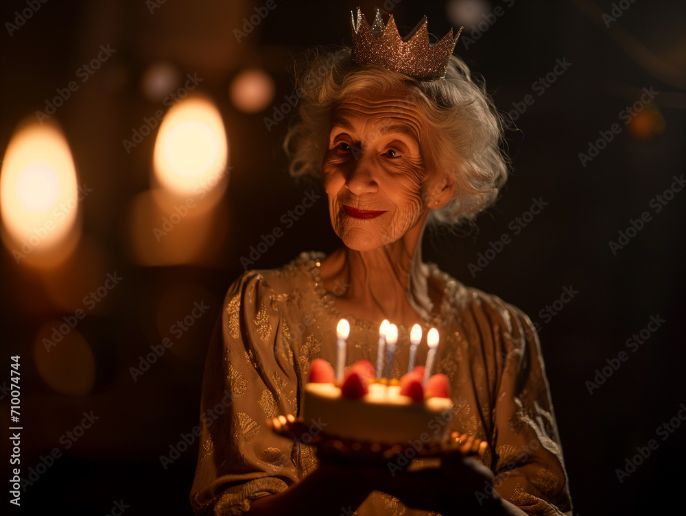cute granny with princess crown celebrating birthday with cake and ...