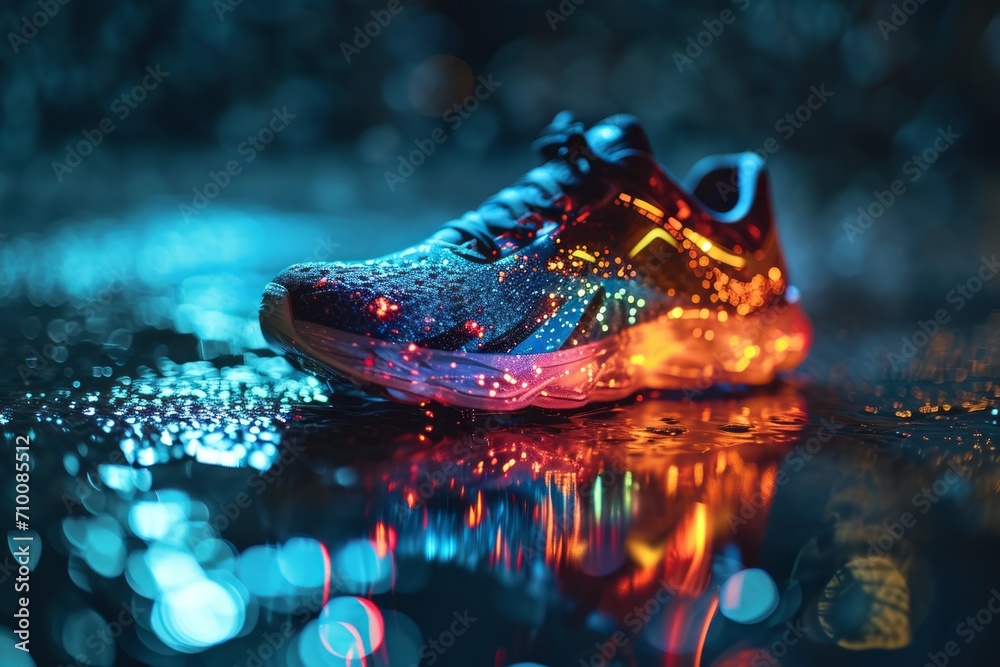 Holographic projection of a sports sneaker with neon lighting on navy ...