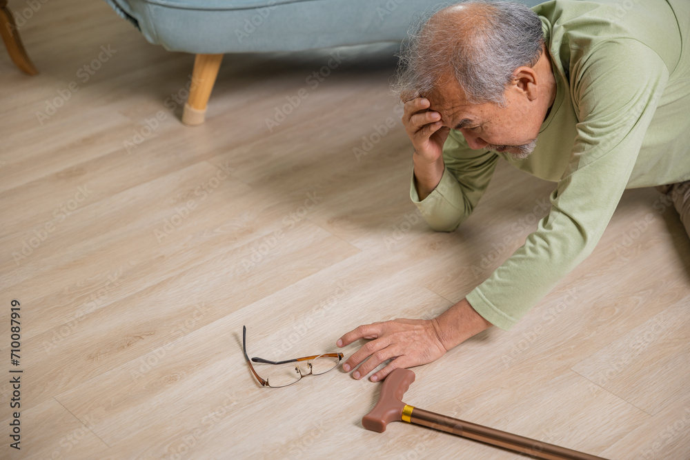 Asian elderly man retired headache after fall down, Sick senior old man ...
