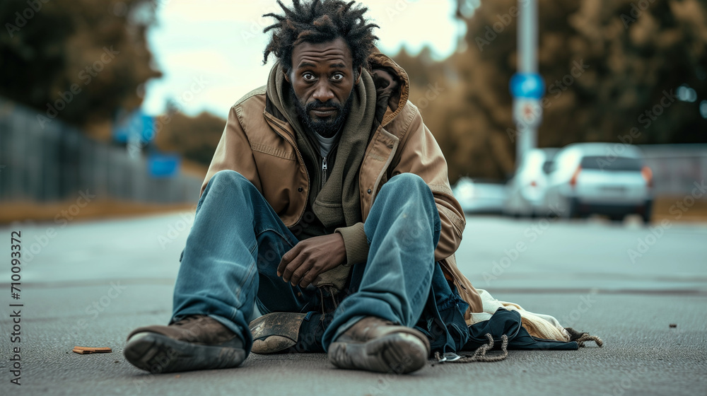 Sad homeless afro-american man, watching into the camera. Man had nice haircut with brown color ...