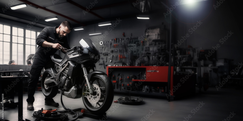 repair and maintenance of a custom motorcycle in the service, a male ...