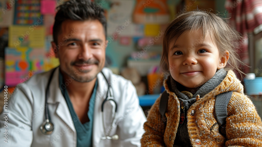 An empathetic doctor on rounds in a pediatric ward, engaging with young ...