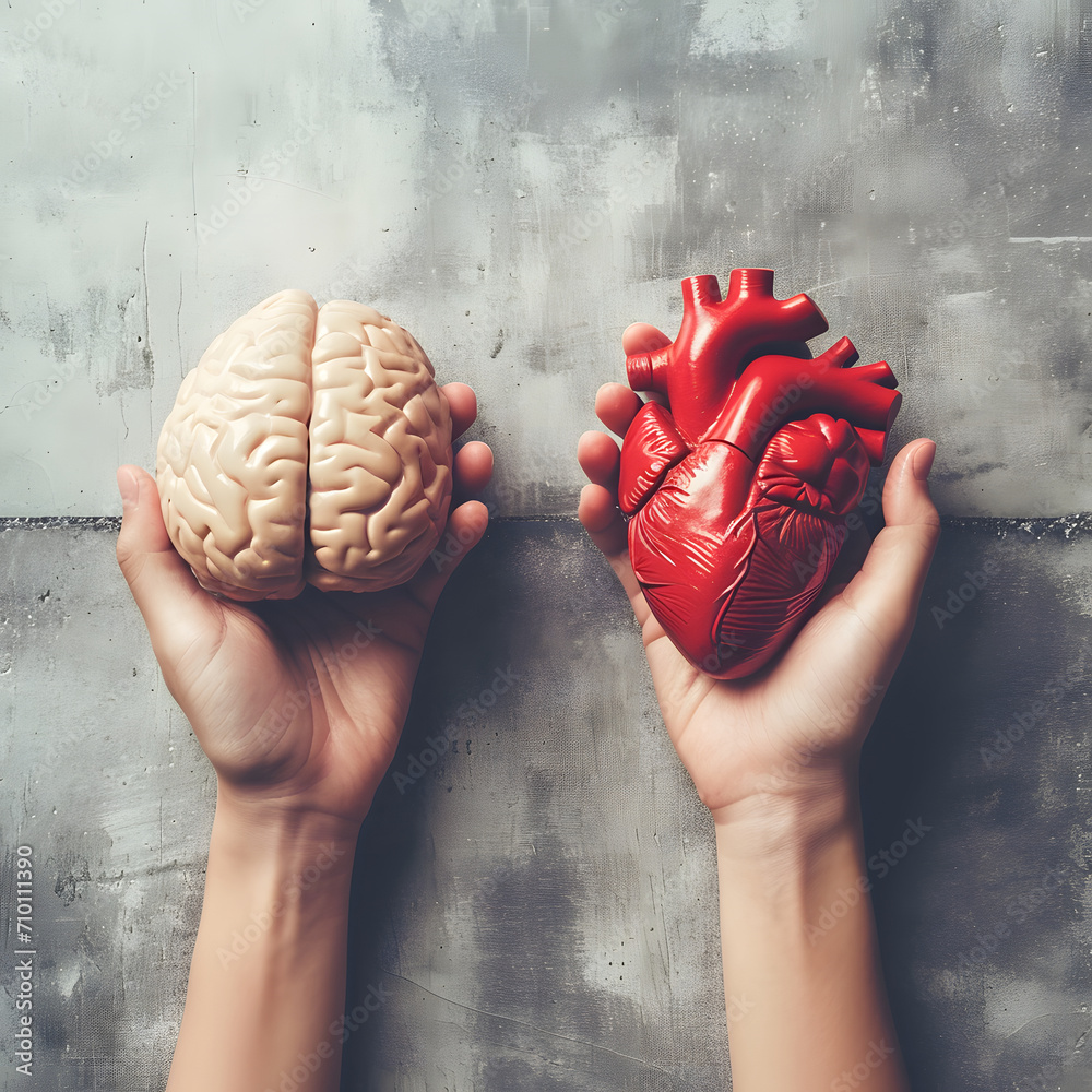 two hands choosing between brain or heart. Loving concept.Grey ...