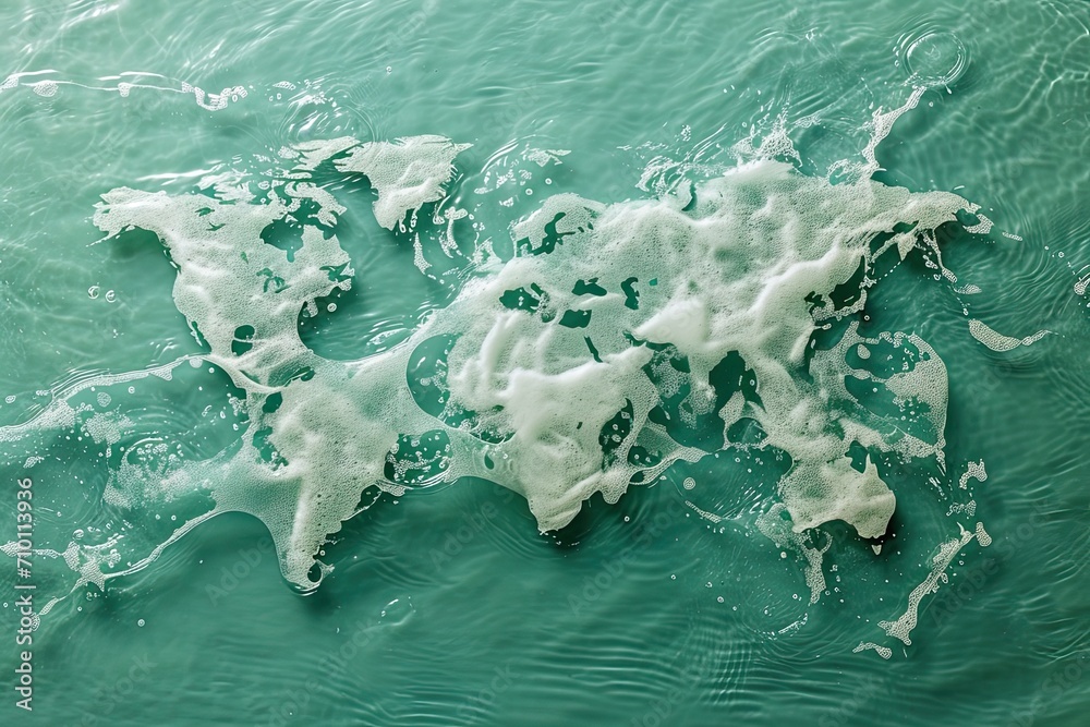 World map made of foam on water green background. World water day ...