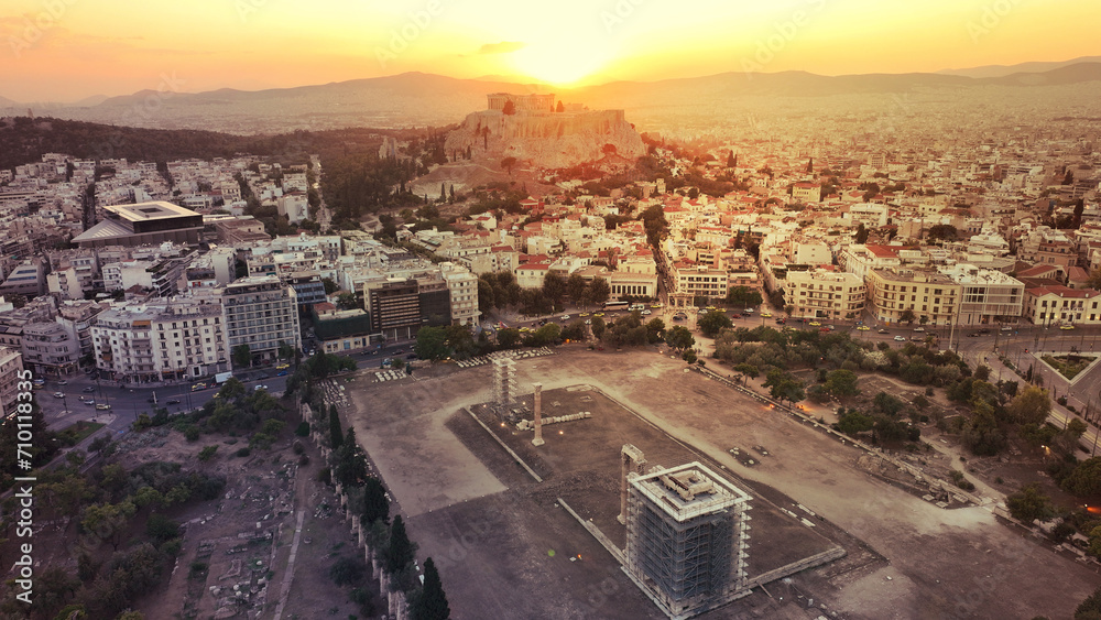 Aerial drone photo of iconic Acropolis hill and the unique masterpiece of Ancient world the ...