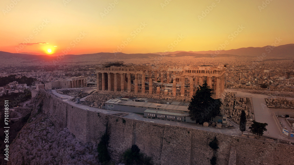 Aerial drone photo of iconic Acropolis hill and the unique masterpiece of Ancient world the ...