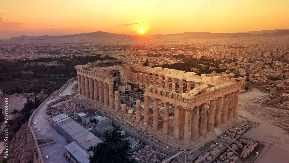 Aerial drone photo of iconic Acropolis hill and the unique masterpiece of Ancient world the ...