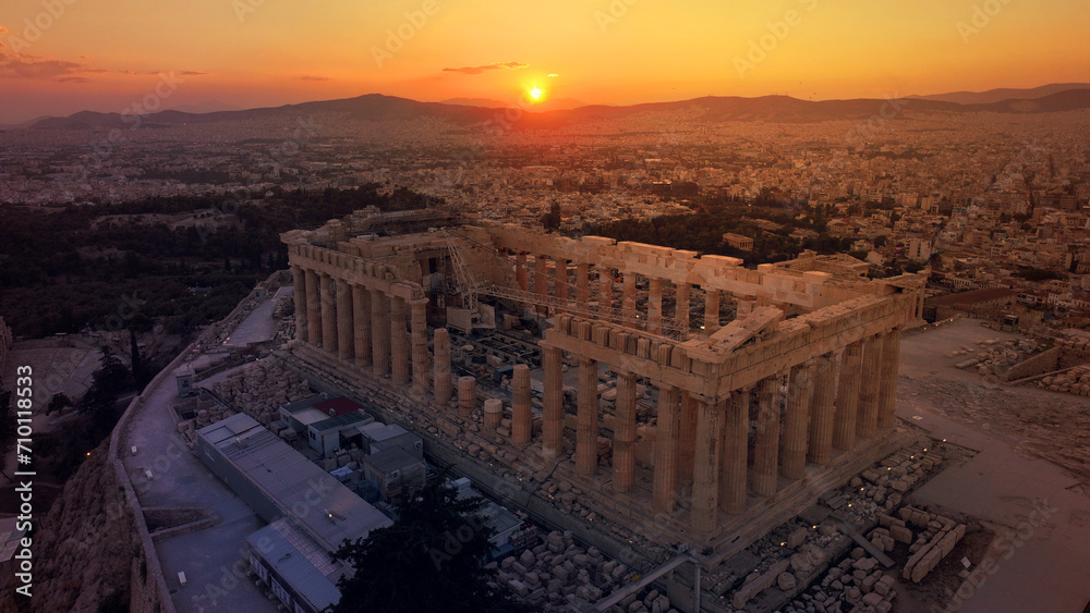 Aerial drone photo of iconic Acropolis hill and the unique masterpiece of Ancient world the ...