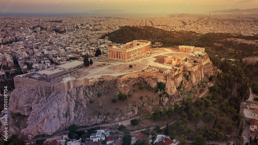 Aerial drone photo of iconic Acropolis hill and the unique masterpiece of Ancient world the ...
