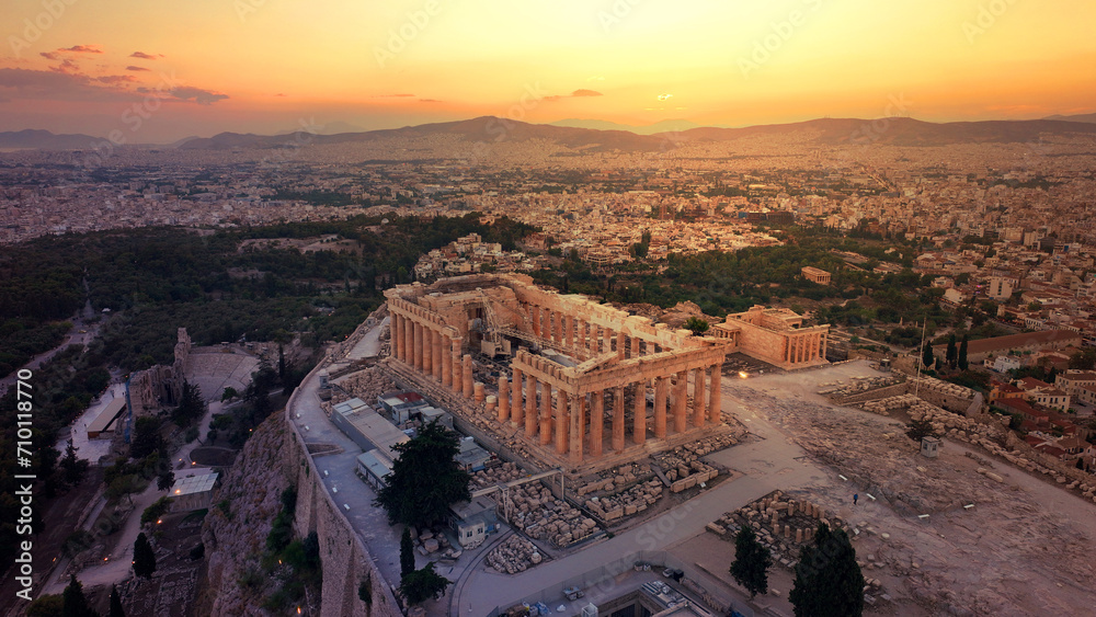 Aerial drone photo of iconic Acropolis hill and the unique masterpiece of Ancient world the ...