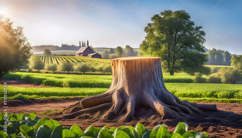 Large detailed scenic wooden stump on a food farm, with a cozy village ...