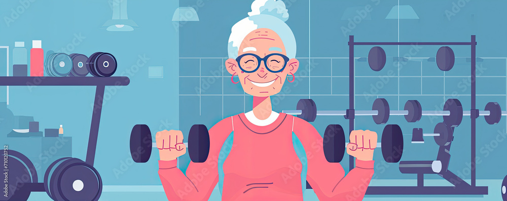 Elderly woman exercises with dumbbells at gym, showcasing fitness ...