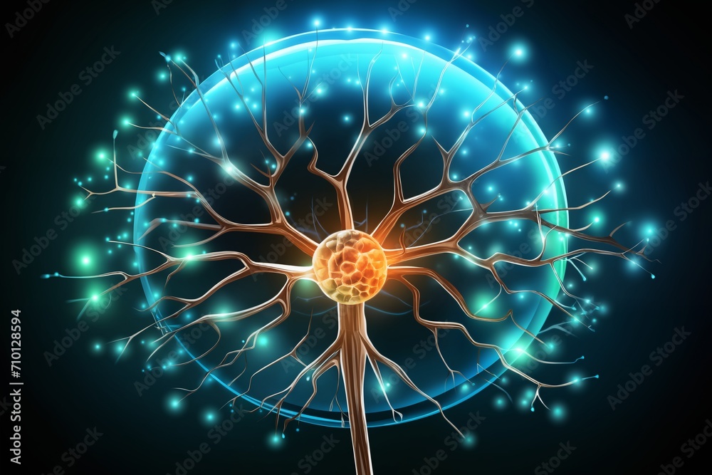 glowing red brain inside a sphere of neurons and a grid of connections ...