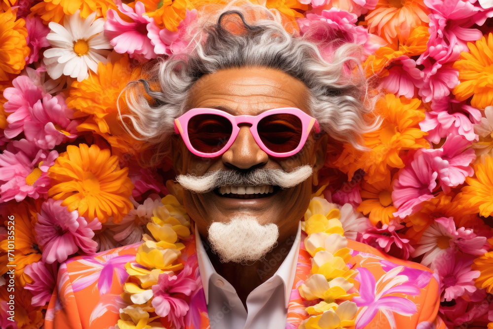 Man with moustache wearing pink sunglasses stands in front of vibrant ...