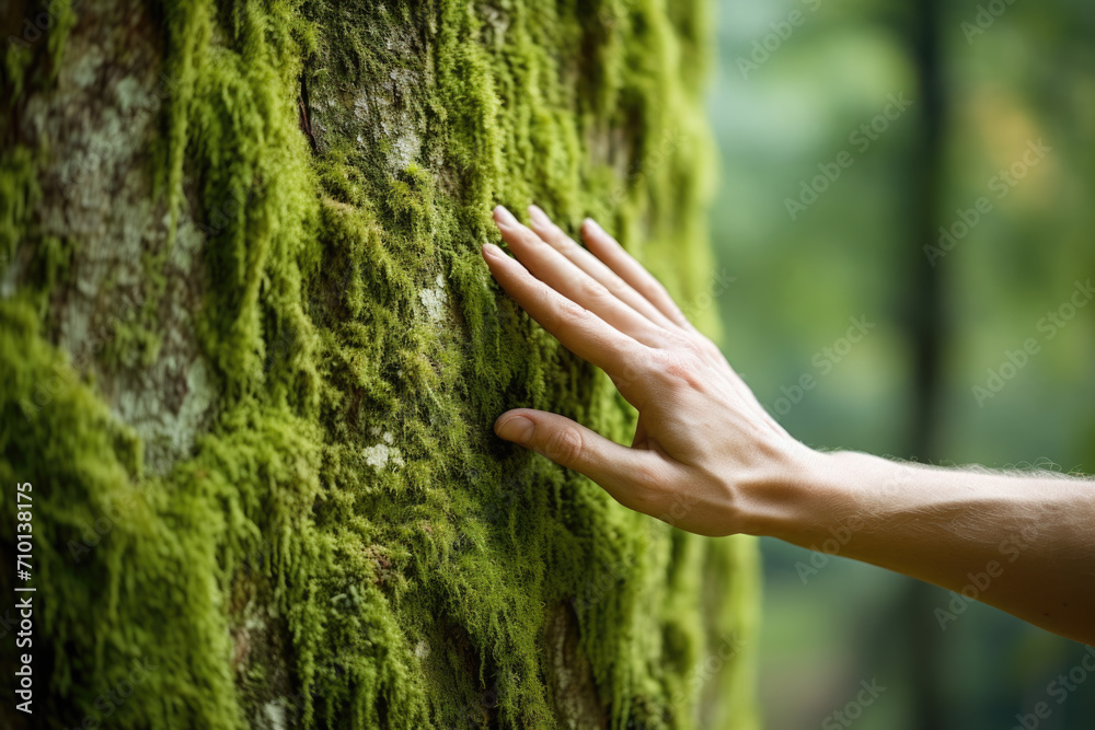 Person is seen touching moss covered tree trunk. This image can be used ...