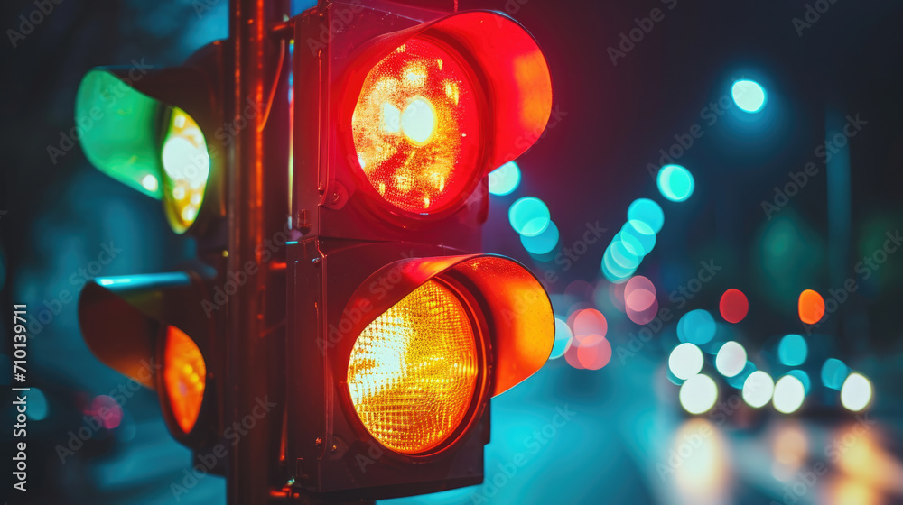 Red traffic light illuminating city street at night. Perfect for ...