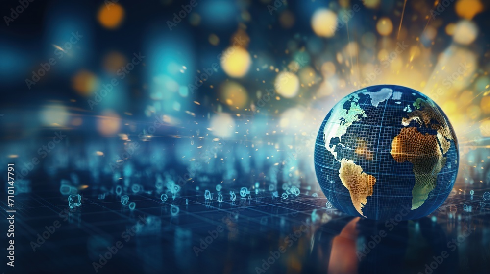 Illuminated globe on a grid with financial icons symbolizing ...