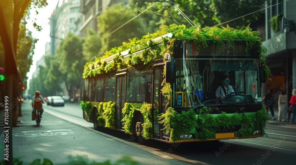 A city bus embellished with lush green plants cruises the streets ...