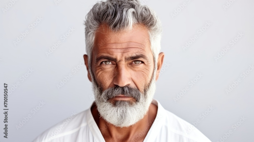 Close up portrait of well groomed man over 55 year old with stylish beard and haircut. Old age ...