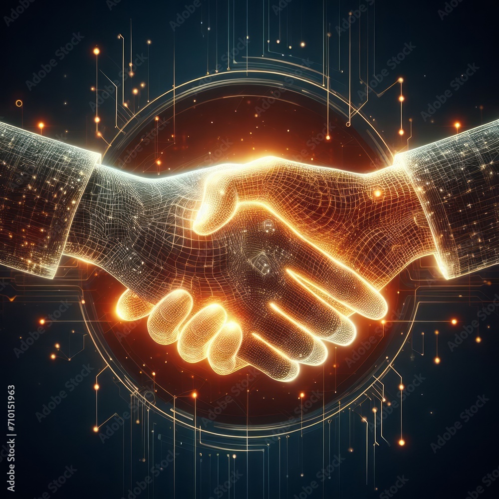 Wire-frame Hands Conveying Handshake, Merging Technology and Business ...