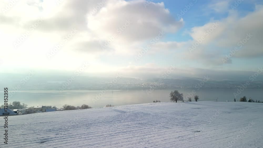 Winter Wonderland at Zurich, Aerial Panorama of Snowy Lake Zurich ...