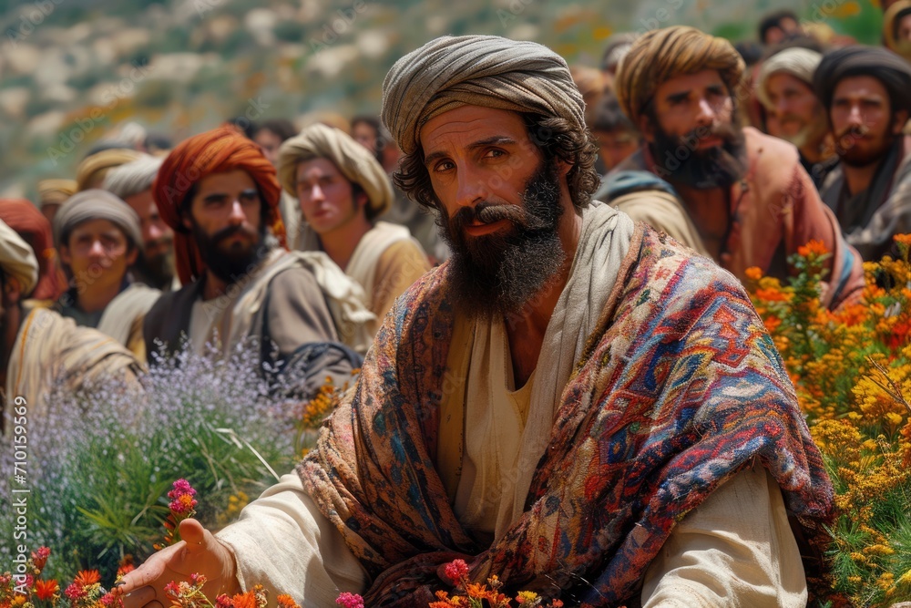 Jesus Christ on a field on a hill preaching to the crowd Stock ...