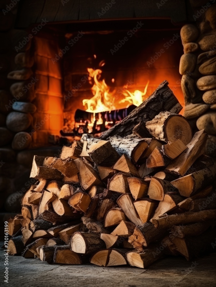 An inviting scene featuring neatly stacked chopped firewood, ready for ...