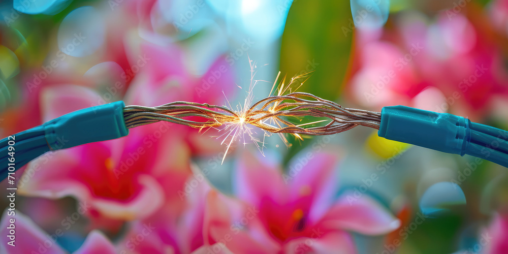 Electric Spark Between Two Bare Wires. A captivating close-up of electric spark igniting between ...