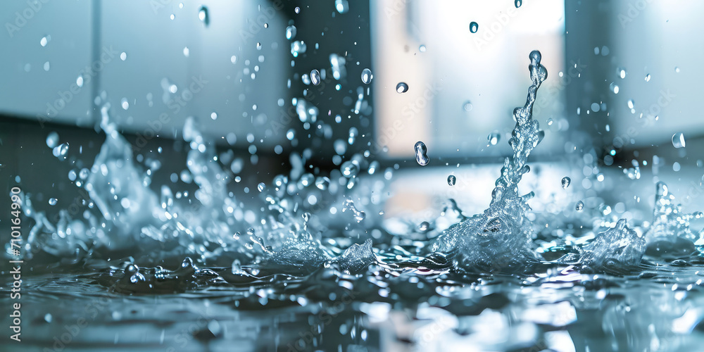 Indoor Flood with Water Splash in living room. Water spilling onto a ...