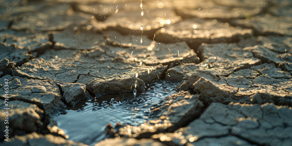 Water Droplet in a puddle on Cracked Earth. A single water droplet ...