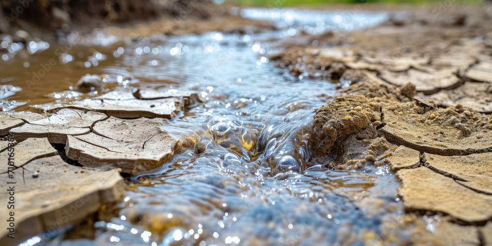 Water Droplet on Cracked Earth. Little river fall onto parched, cracked ...