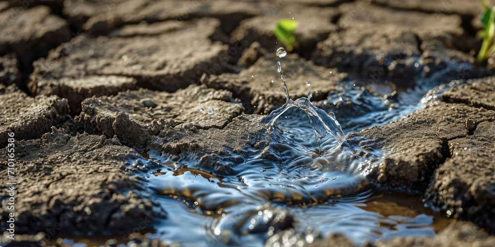 Water Droplet on Cracked Earth with greens. A single water droplet ...