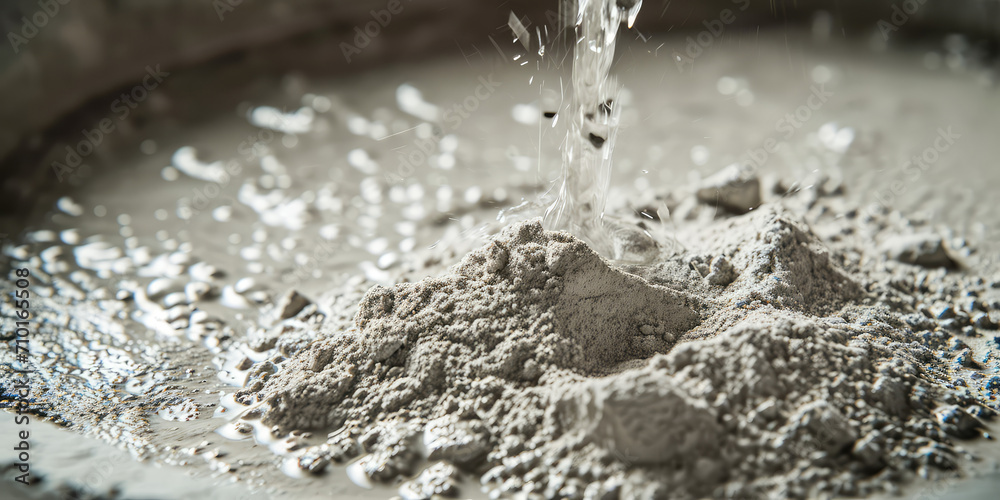 Water Mixing with grey Cement Powder. A close-up shot of water ...