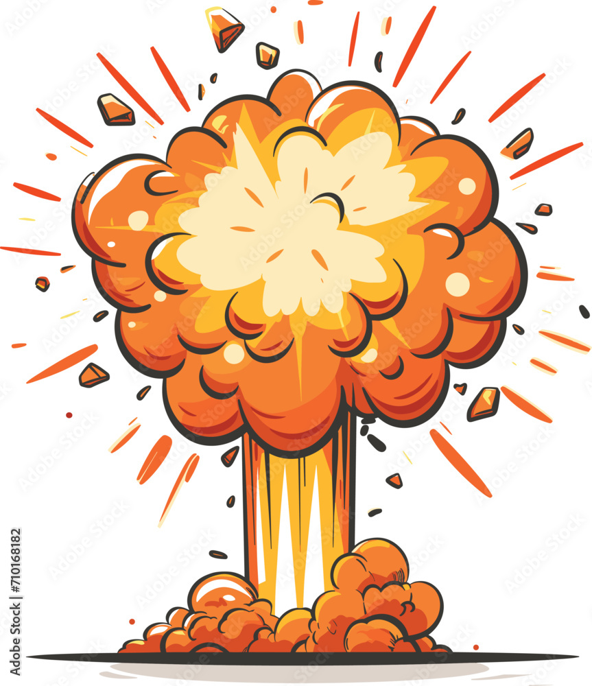Cartoon style massive explosion with fiery clouds and flying debris ...