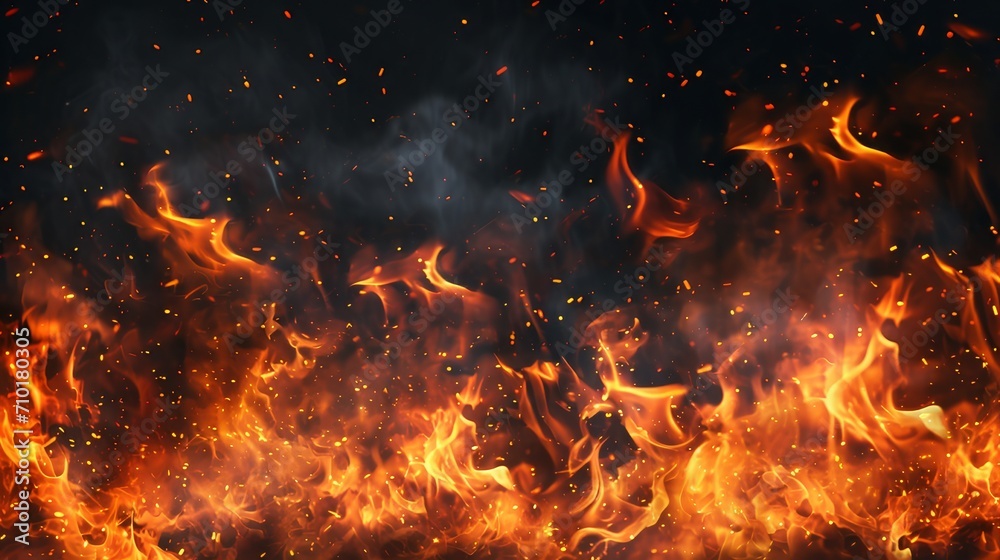 Fire spark overlay with smoke and flame background. Grill heat glow in ...