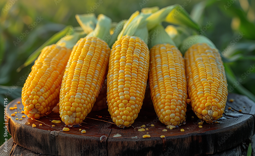 Fresh corn cobs with husks on wooden surface, sunlit farm field ...