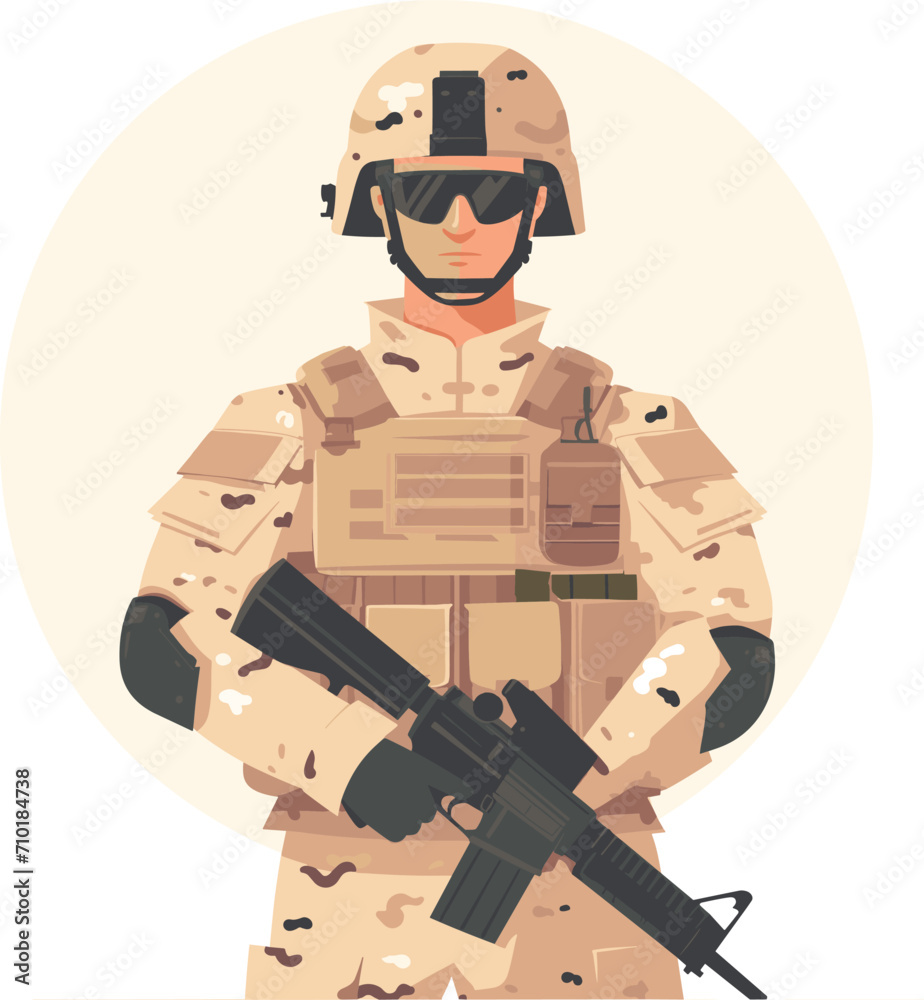 Male soldier in camouflage uniform holding a rifle, wearing a tactical ...