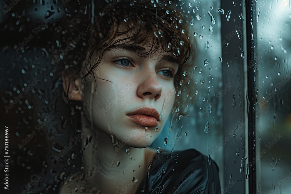 A girl's portrait is distorted by the rain-streaked window, revealing a ...