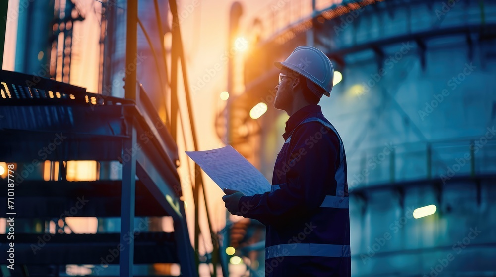 Silhouette of Engineer under inspection and checking oil storage tank ...