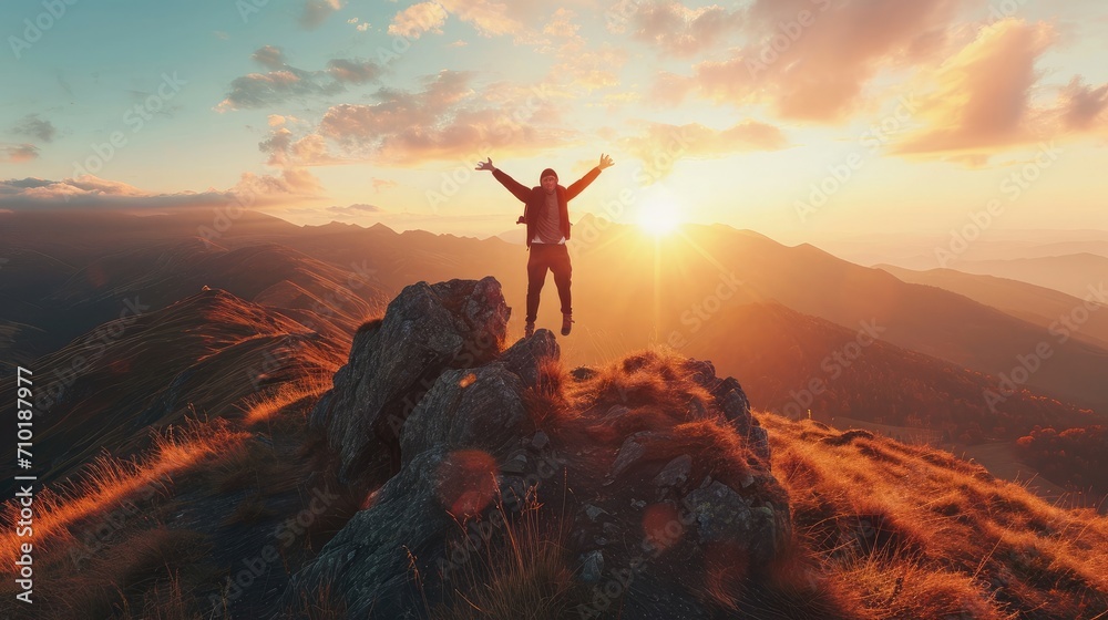 Victory jump of a young guy on a mountaintop at sunrise. He is ...