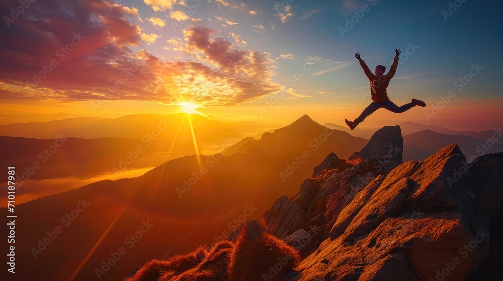 Victory jump of a young guy on a mountaintop at sunrise. He is ...