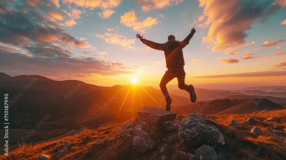 Victory jump of a young guy on a mountaintop at sunrise. He is ...