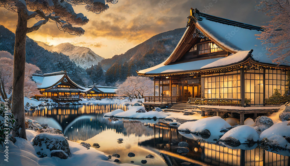 Serenity at sunset: Traditional Japanese house with a dark Onsen ...
