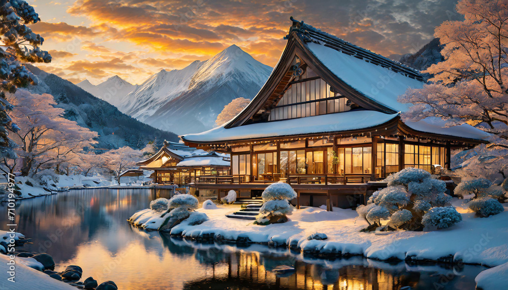Serenity at sunset: Traditional Japanese house with a dark Onsen ...