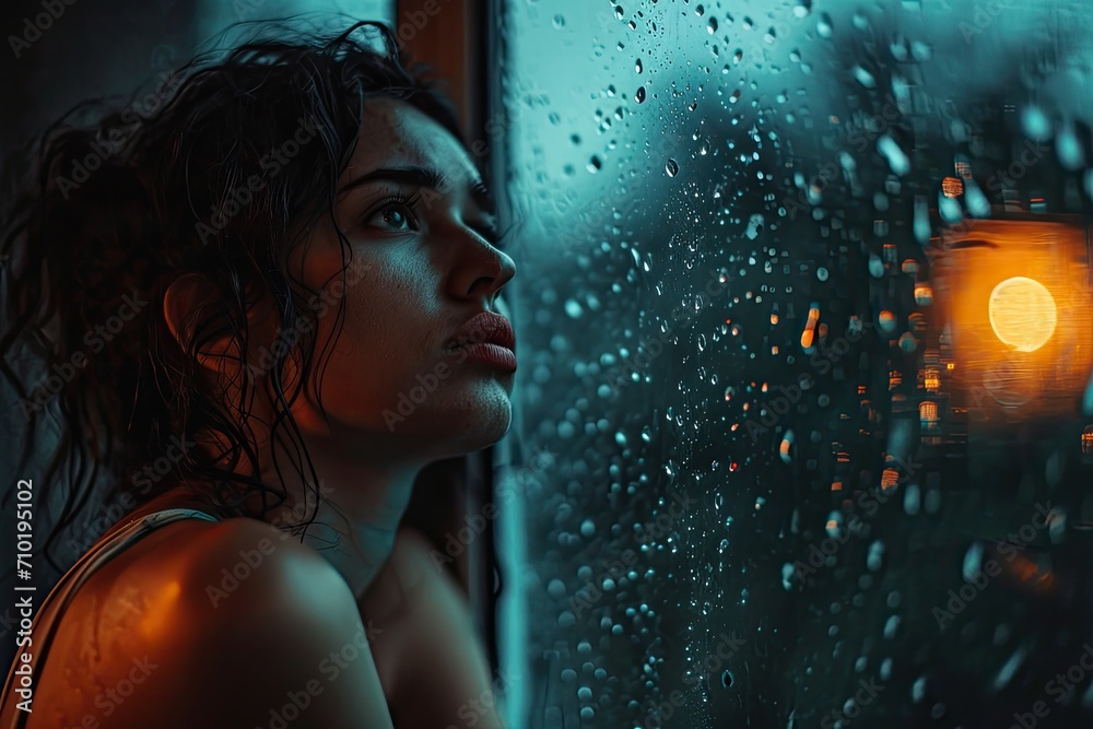 Captivated by the soft light pouring through the window, a woman gazes ...