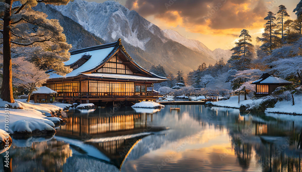 Serenity at sunset: Traditional Japanese house with a dark Onsen ...