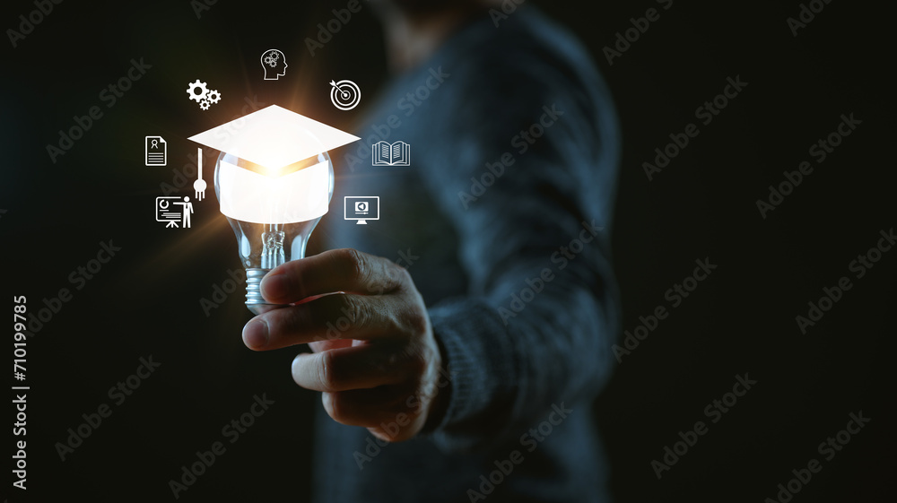 E-learning graduate certificate program concept. man holding lightbulb ...